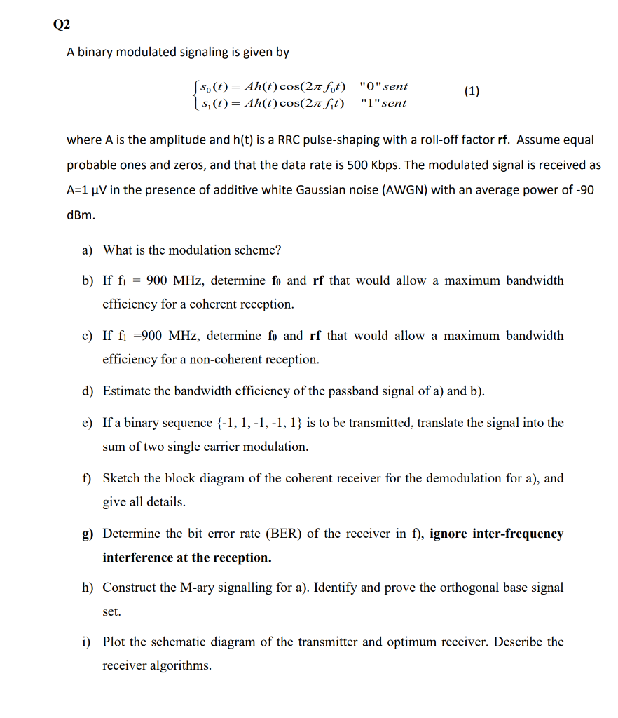 Q2 A binary modulated signaling is given by so(t) = | Chegg.com