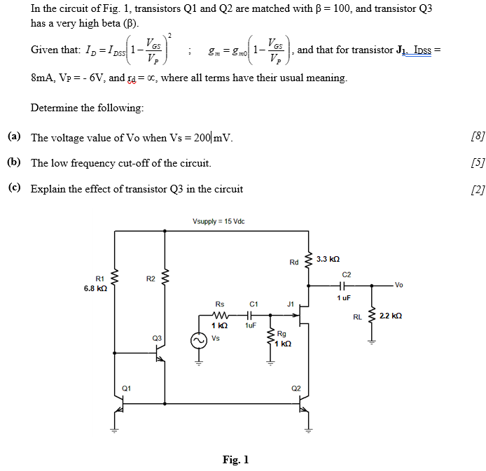 Solved In the circuit of Fig. 1, transistors Q1 and Q2 are | Chegg.com