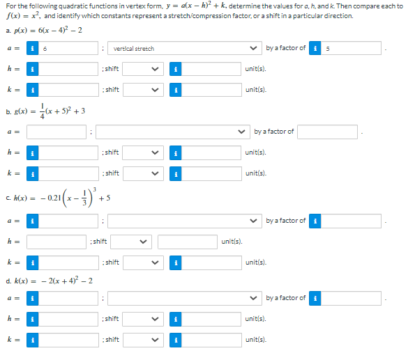 Solved For the following quadratic functions in vertex form, | Chegg.com