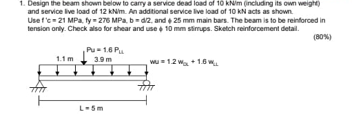 Solved 1. Design the beam shown below to carry a service | Chegg.com