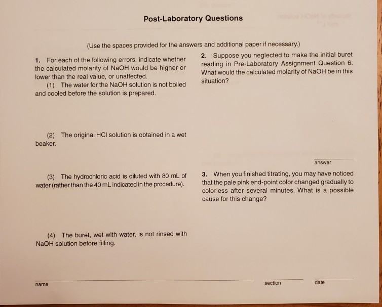 Solved Post-Laboratory Questions (Use the spaces provided | Chegg.com