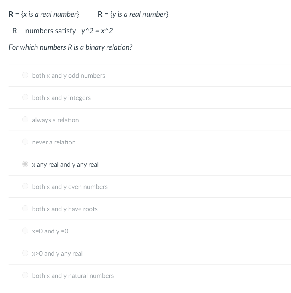 Solved R = {x is a real number} R = {y is a real number} R- | Chegg.com