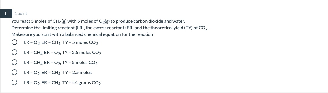 Solved 1 1 point You react 5 moles of CH4(g) with 5 moles of | Chegg.com