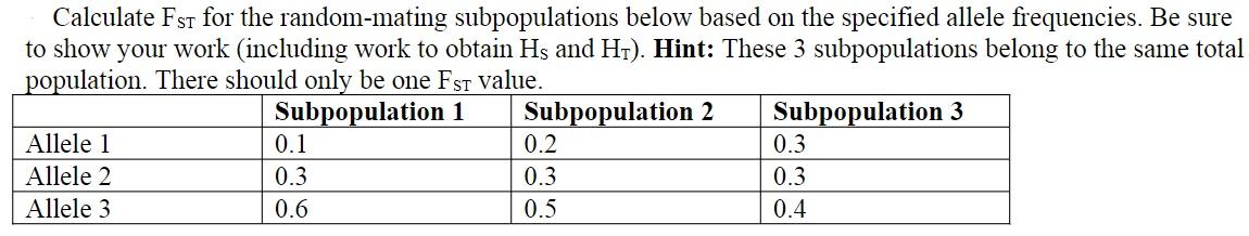 Solved Calculate FST for the random-mating subpopulations | Chegg.com