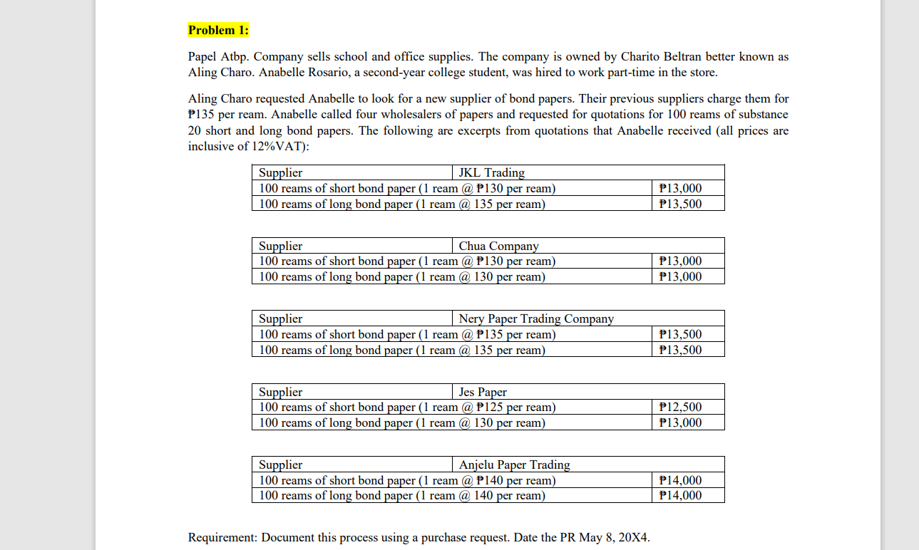Solved Problem 1: Papel Atbp. Company sells school and | Chegg.com