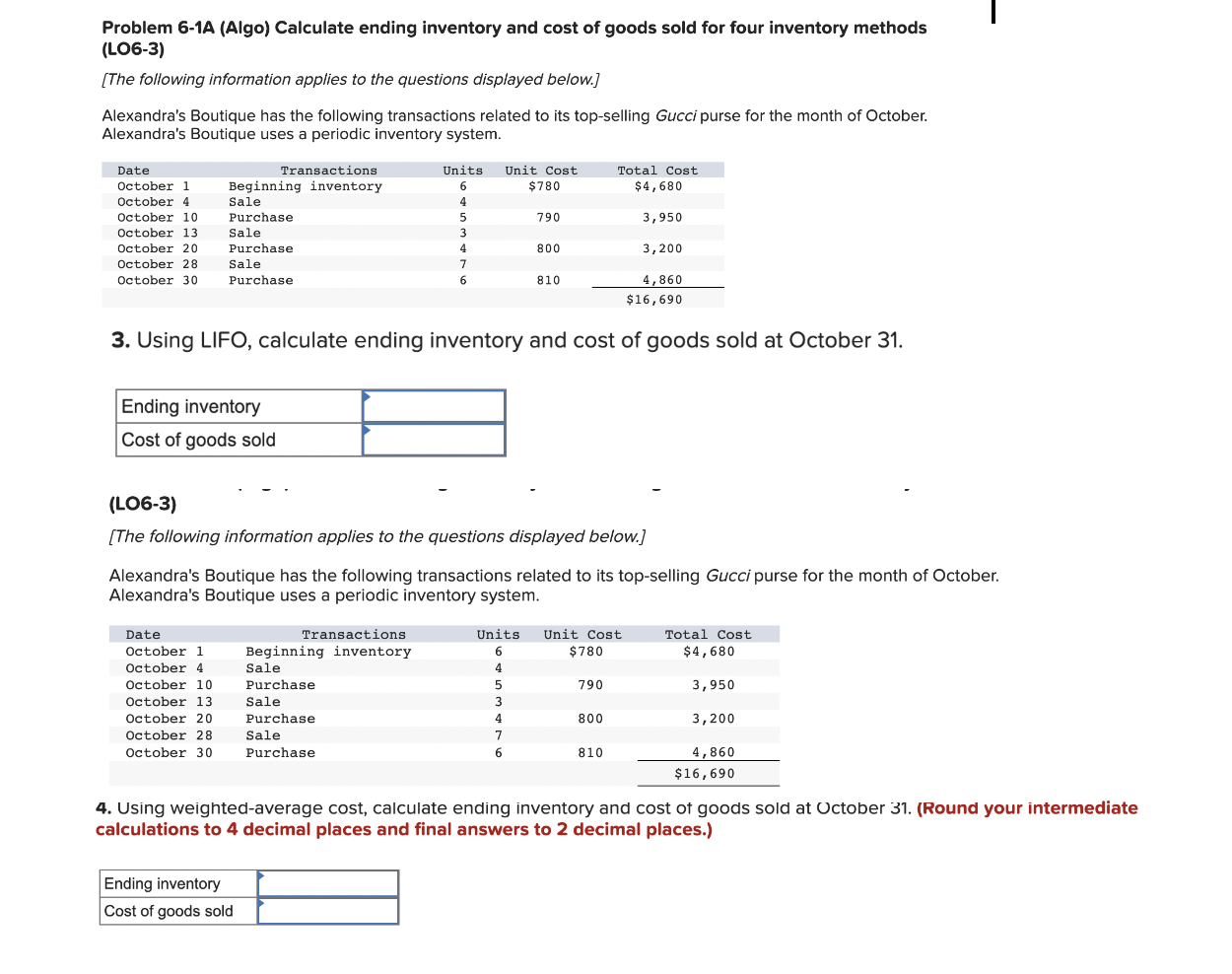 Solved Problem 6-1A (Algo) Calculate ending inventory and | Chegg.com