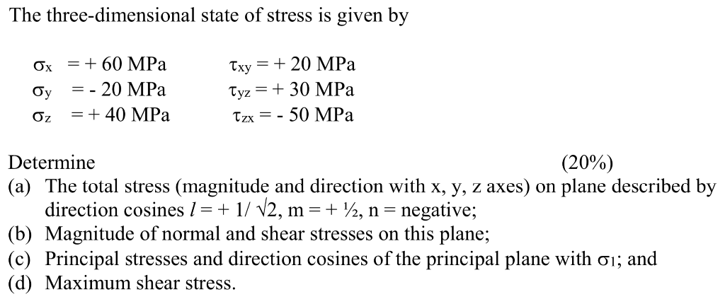 The three-dimensional state of stress is given by = | Chegg.com