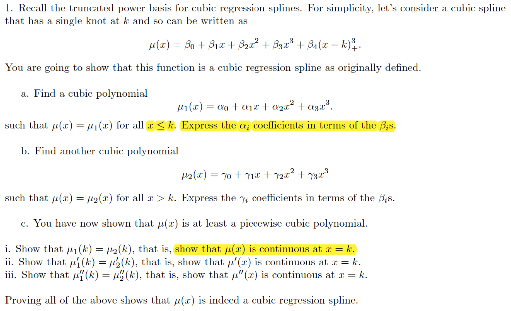 Recall the truncated power basis for cubic regression | Chegg.com
