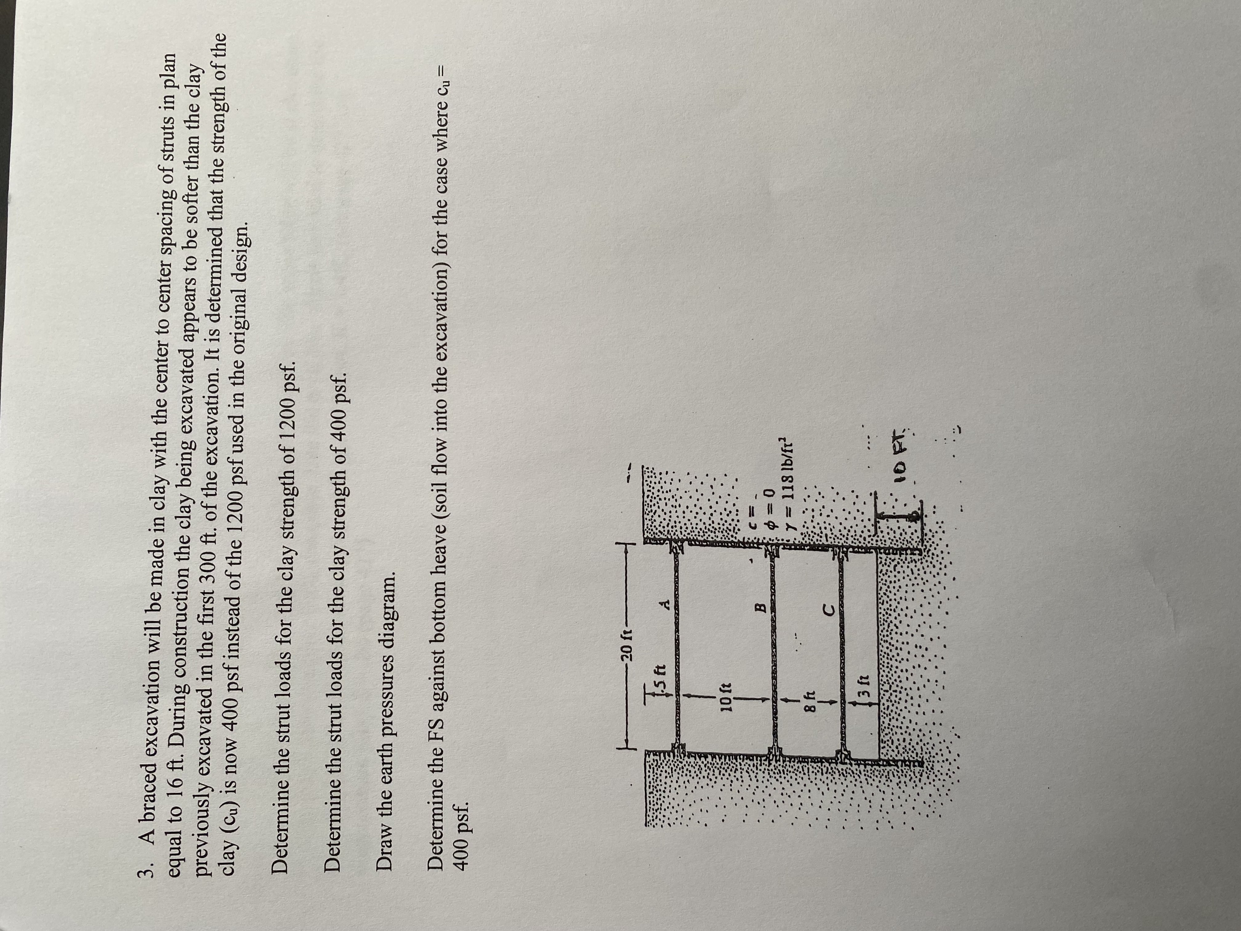 Solved 3. A braced excavation will be made in clay with the | Chegg.com