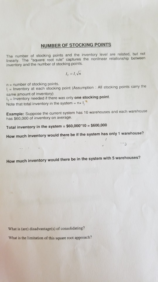 Solved NUMBER OF STOCKING POINTS The number of stocking | Chegg.com