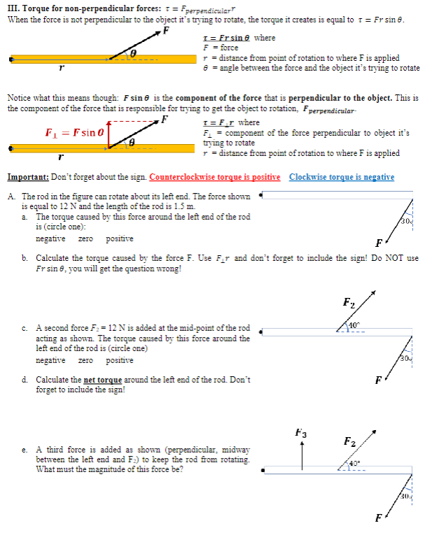 Solved III. Torque for non-perpendicular forces: | Chegg.com
