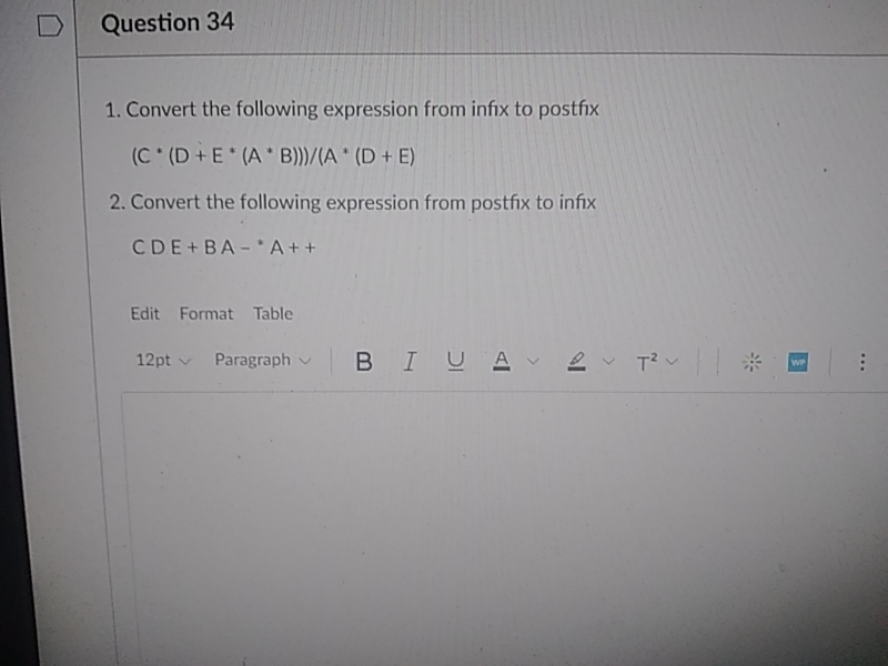 1. Convert the following expression from infix to | Chegg.com