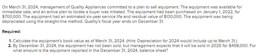 Solved On March 31,2024, ﻿management of Quality Appliances | Chegg.com