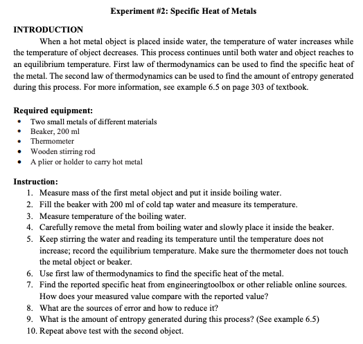 Solved Experiment #2: Specific Heat of Metals INTRODUCTION | Chegg.com
