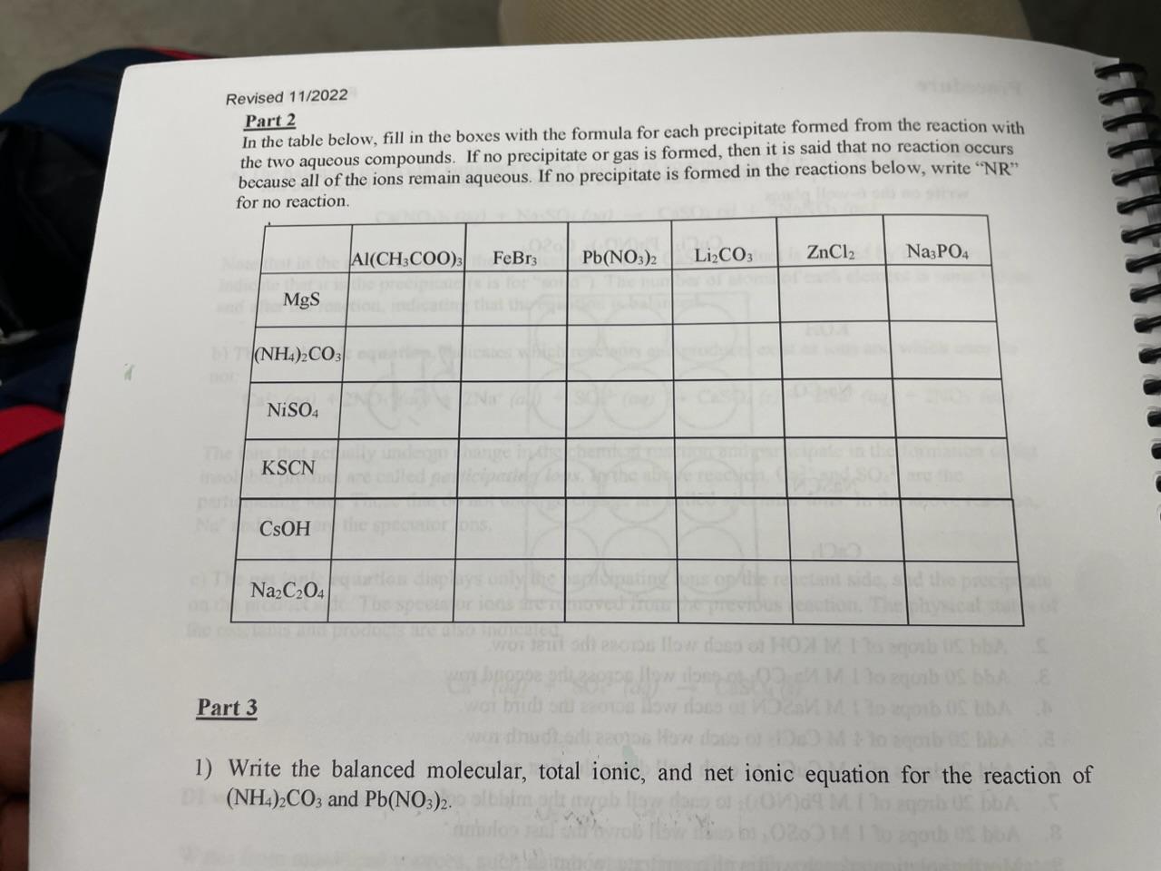 Revised 11/2022 Part 2 In the table below, fill in | Chegg.com