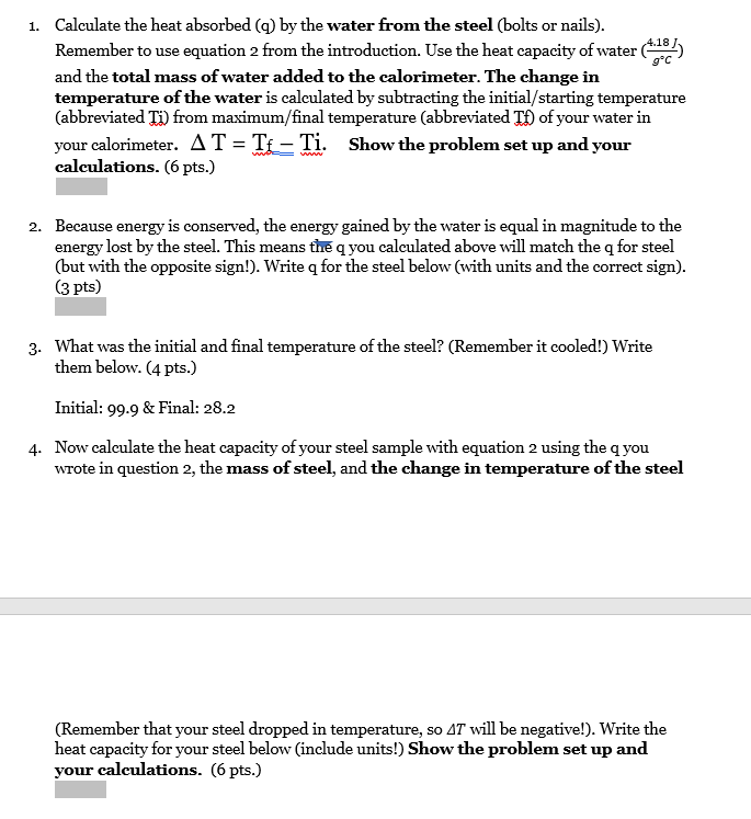 Solved 1. Calculate the heat absorbed (q) by the water from | Chegg.com