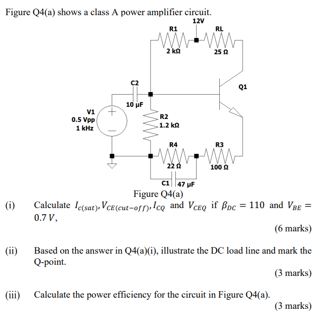Solved Figure Q4(a) shows a class A power amplifier circuit. | Chegg.com