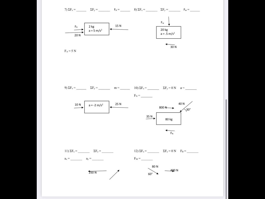 Solved 7) ΣF = ΣF, = FA = = 8) ΣF, ΣF, = Fw= = FW 1 FA F 15N | Chegg.com
