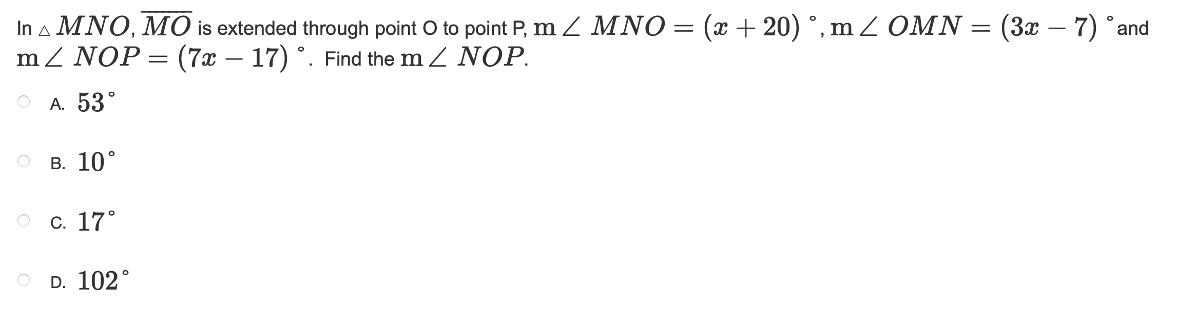 Solved In A MNO, MO is extended through point O to point P, | Chegg.com