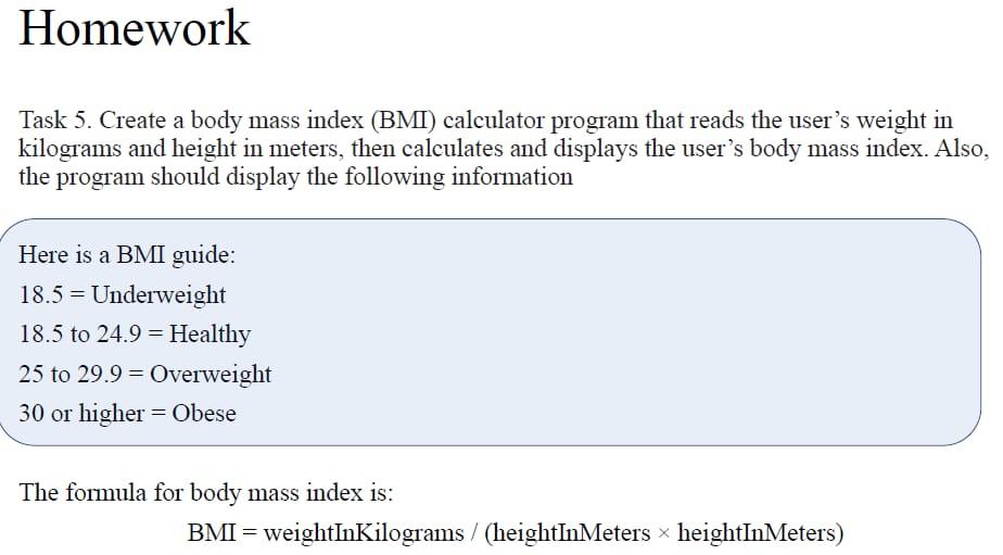 Solved Homework Task 5. Create a body mass index (BMI) | Chegg.com