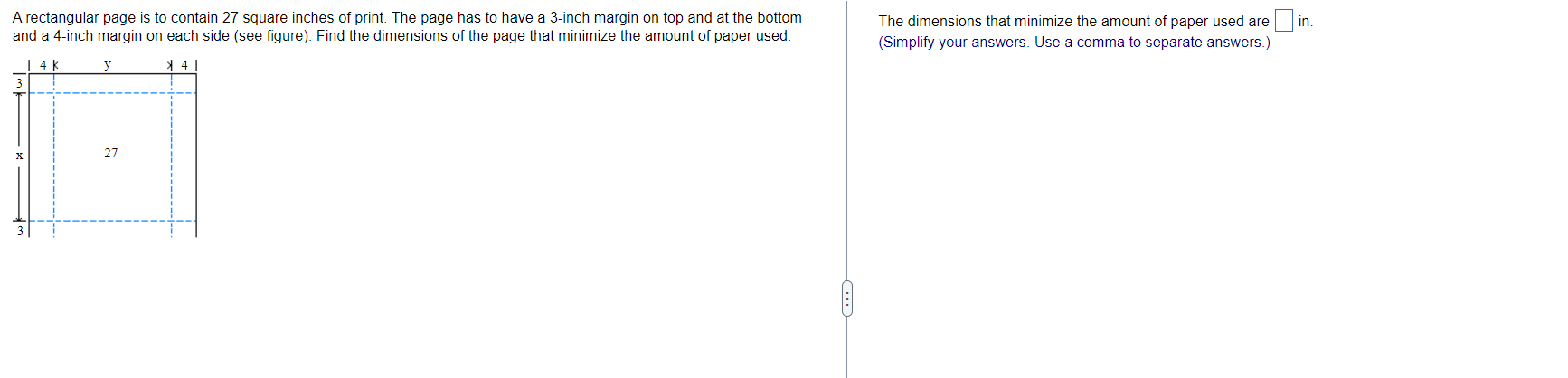 Solved A rectangular page is to contain 27 square inches of | Chegg.com