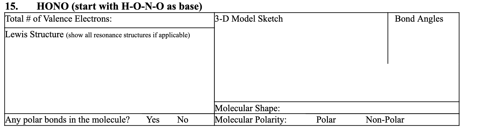 Solved 15. HONO (start with H-O-N-O as base) Total # of | Chegg.com