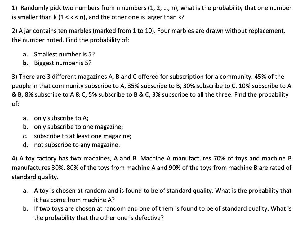 Solved 1) Randomly pick two numbers from n numbers (1, 2, | Chegg.com