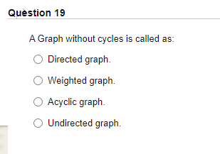 Solved Question 19 A Graph without cycles is called as: | Chegg.com