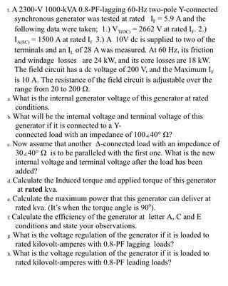 1. A 2300-V 1000-KVA 0.8-PF-lagging 60-Hz two-pole | Chegg.com