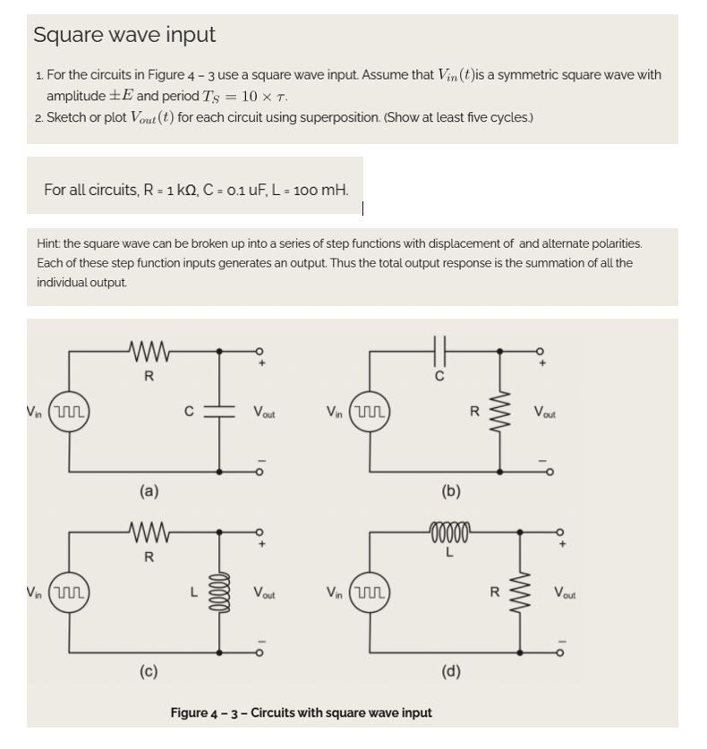 Solved Square wave input 1. For the circuits in Figure 4 - 3 | Chegg.com