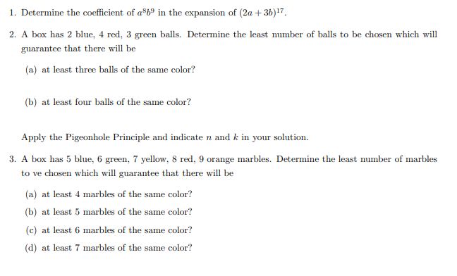 Solved 1. Determine the coefficient of a8b9 in the expansion | Chegg.com