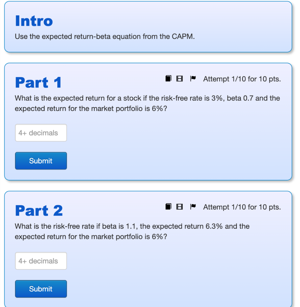 Solved Intro Use the expected return-beta equation from the | Chegg.com