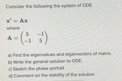 Solved Consider the following the system of ODE x' = Ax | Chegg.com