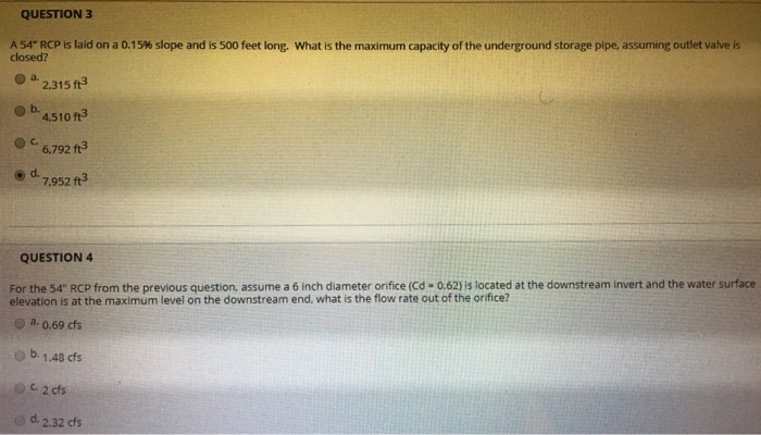 Solved QUESTION 3 A 54" RCP is laid on a 0.1 5% slope and is | Chegg.com