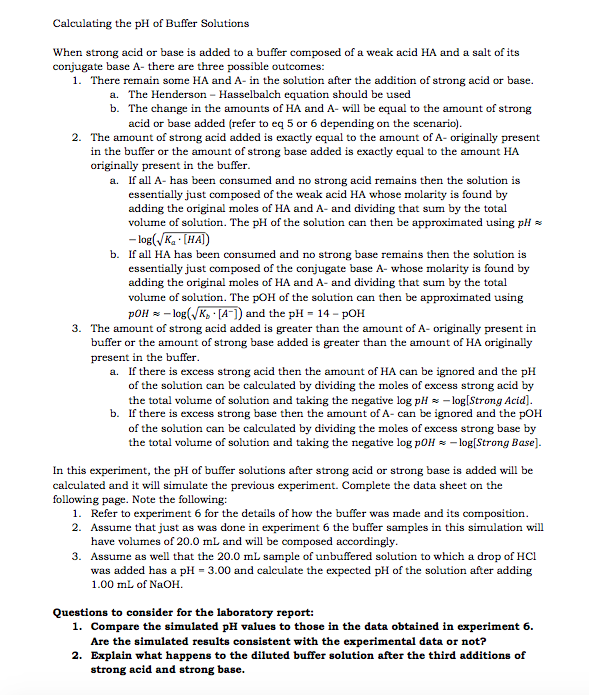 Calculating the pH of Buffer Solutions When strong | Chegg.com