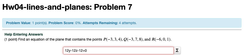 Solved Hw04-lines-and-planes: Problem 7 Problem Value: 1 | Chegg.com