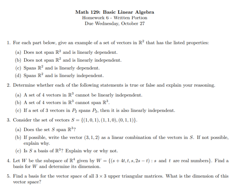 Solved Math 129: Basic Linear Algebra Homework 6 - Written | Chegg.com