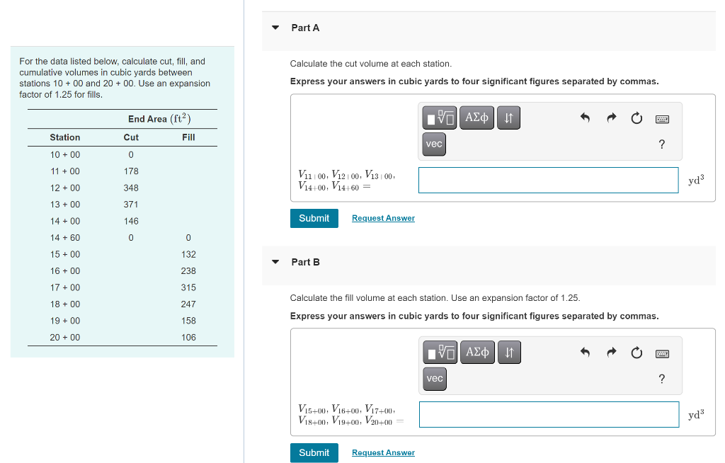 Solved For the data listed below, calculate cut, fill, and | Chegg.com Solved For the data listed below, calculate cut, fill, and | Chegg.com