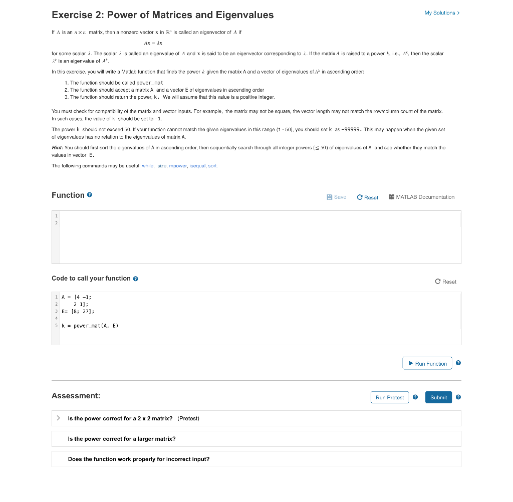 Exercise 2: Power of Matrices and Eigenvalues My | Chegg.com
