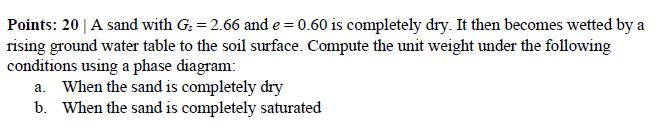 Solved Points: 20∣ A sand with Gs=2.66 and e=0.60 is | Chegg.com
