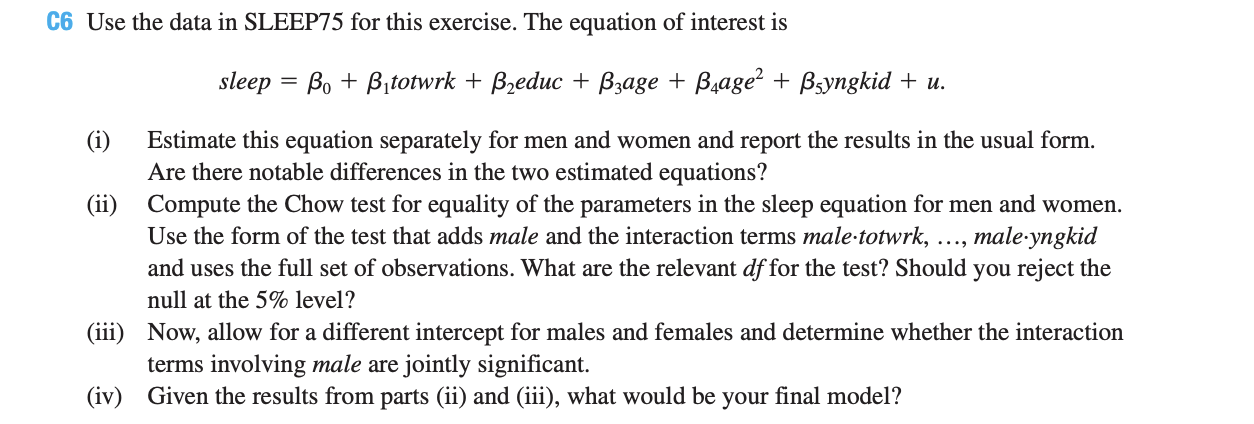 Solved C6 Use the data in SLEEP75 for this exercise. The | Chegg.com