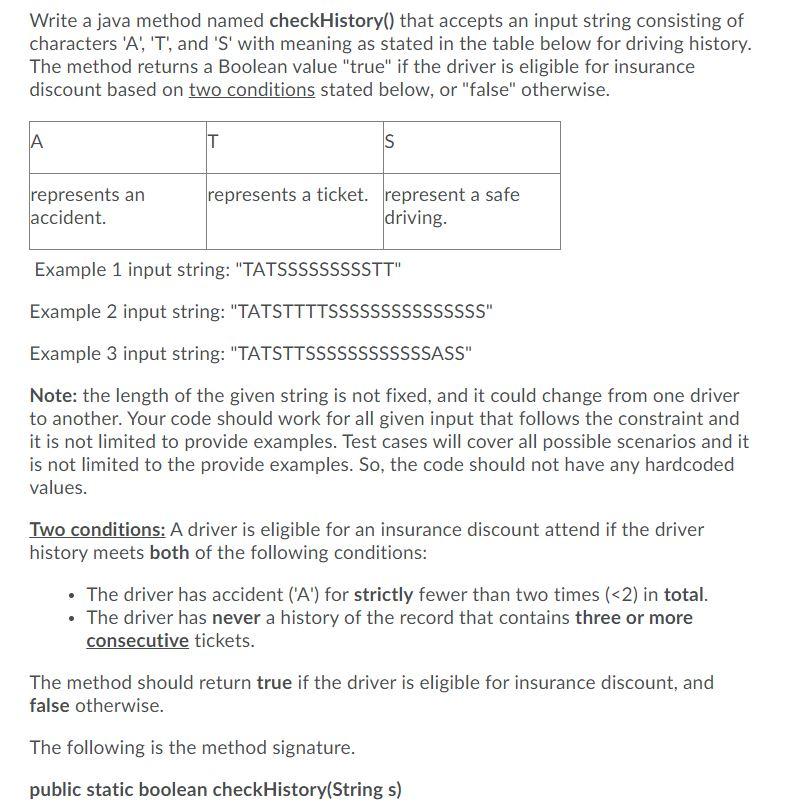 Solved Write a java method named checkHistory() that accepts | Chegg.com