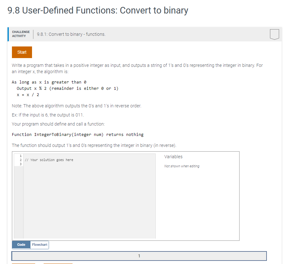 Solved 9.8 User-Defined Functions: Convert to binary | Chegg.com