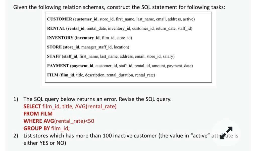 Solved CUSTOMER (customer_id, store_id, first_name, | Chegg.com