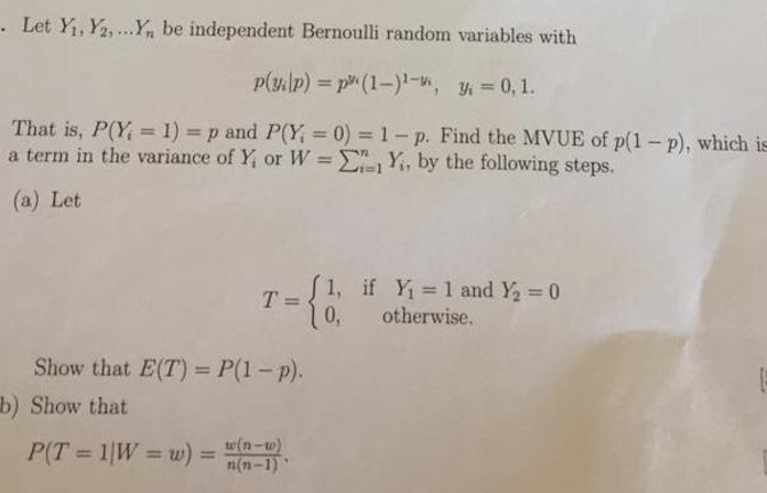 Solved · Let Yi, Y2, ... Yn be independent Bernoulli random | Chegg.com