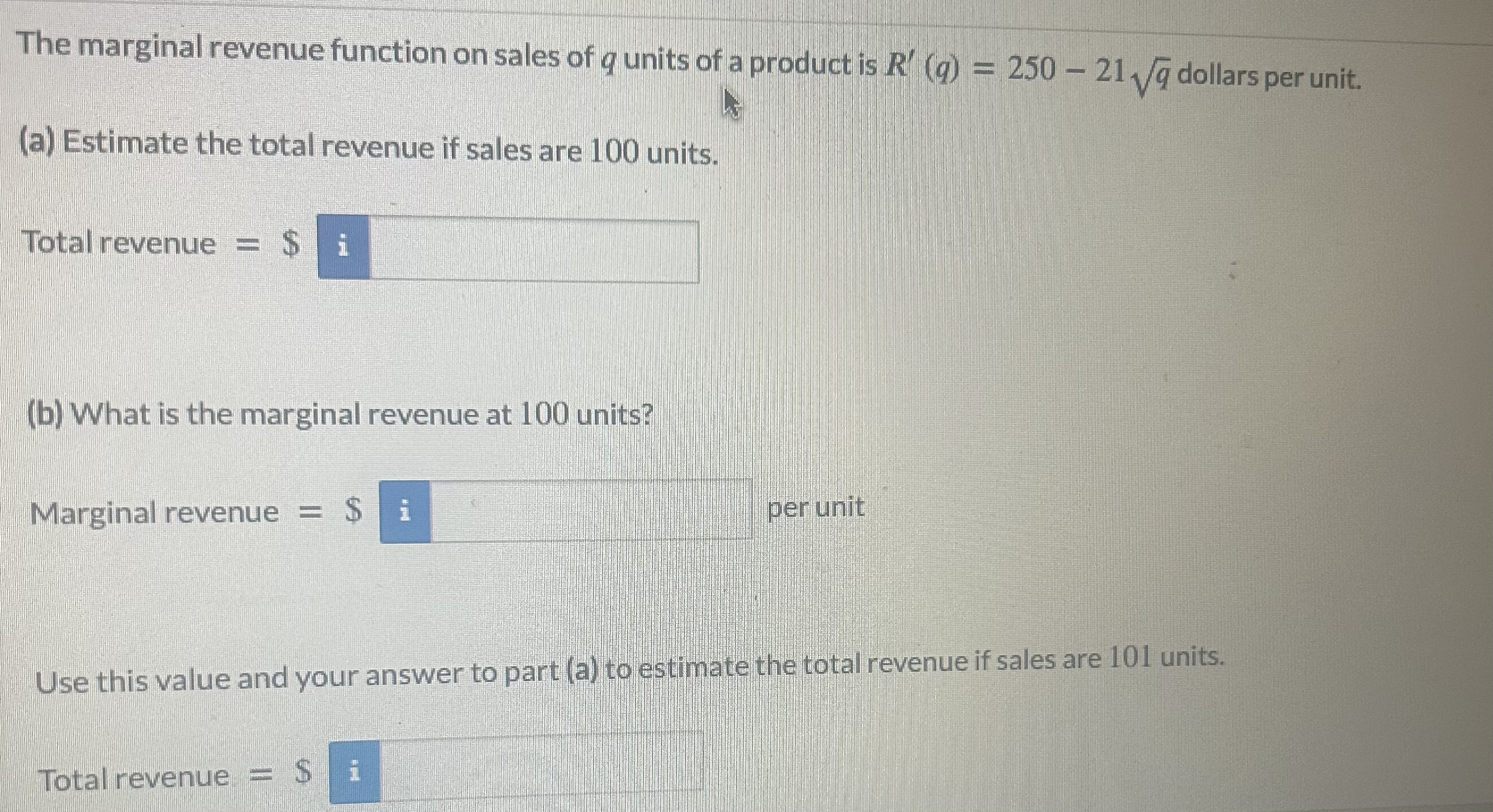 Solved The marginal revenue function on sales of q units of | Chegg.com