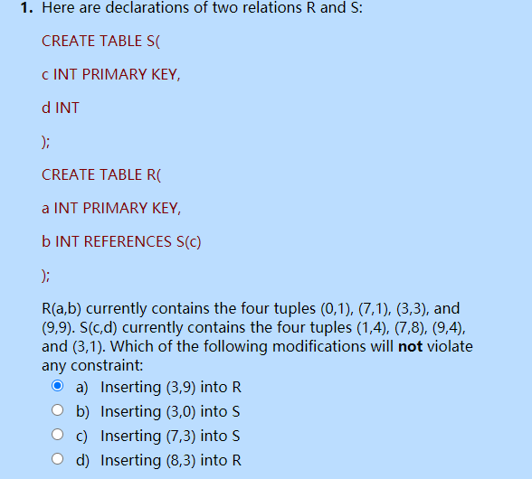 Solved 1. Here are declarations of two relations R and S: | Chegg.com