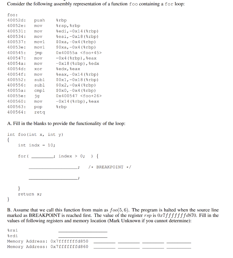 Consider the following assembly representation of a | Chegg.com