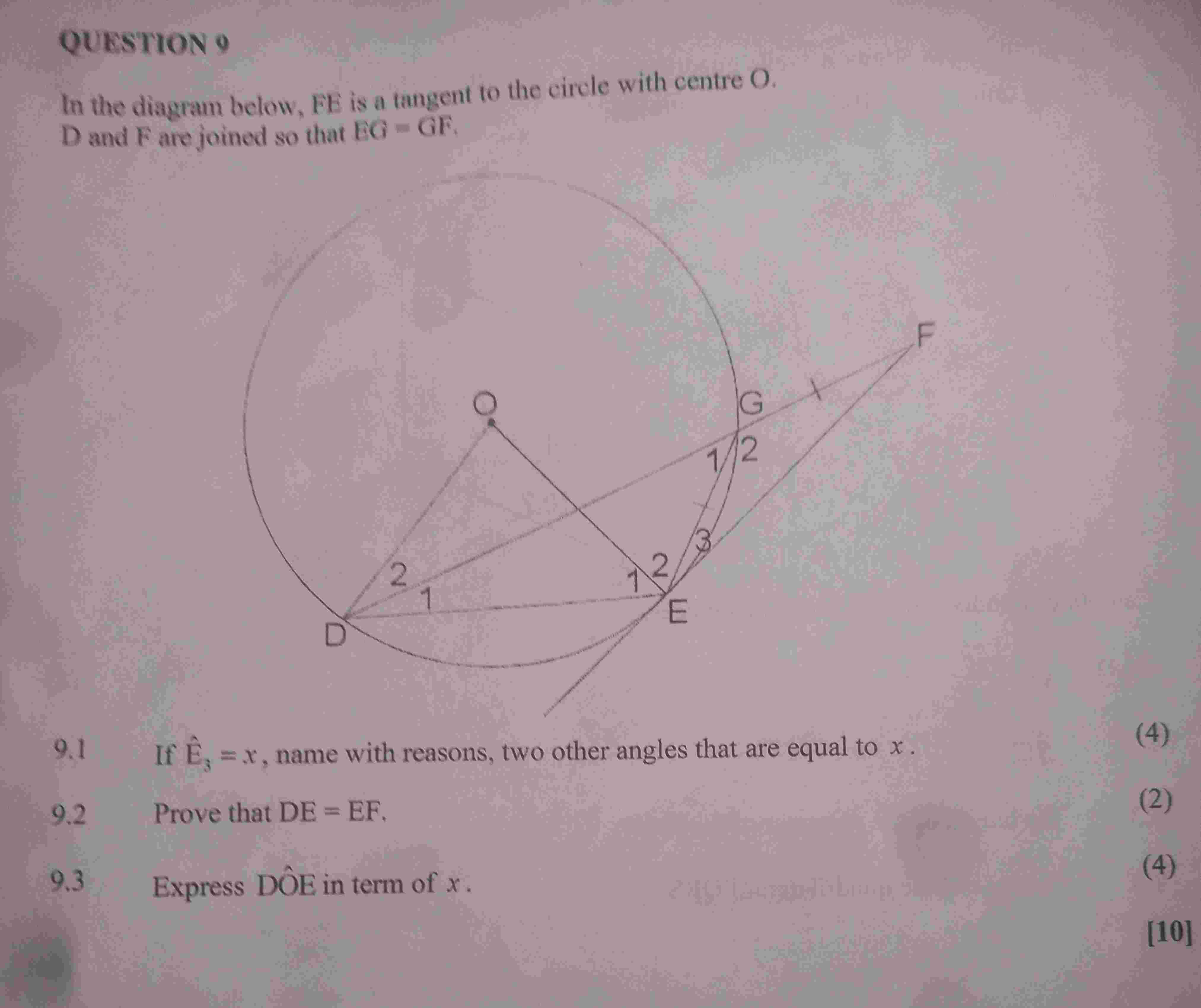 [Solved]: QUESTION 9 In the diagram below, FE is a tangent t