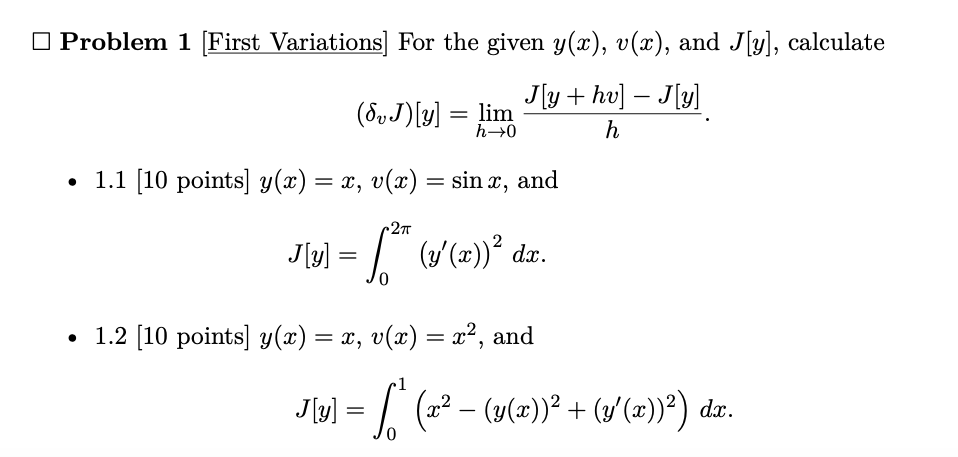 Solved Problem 1 [First Variations] For the given y(x), | Chegg.com